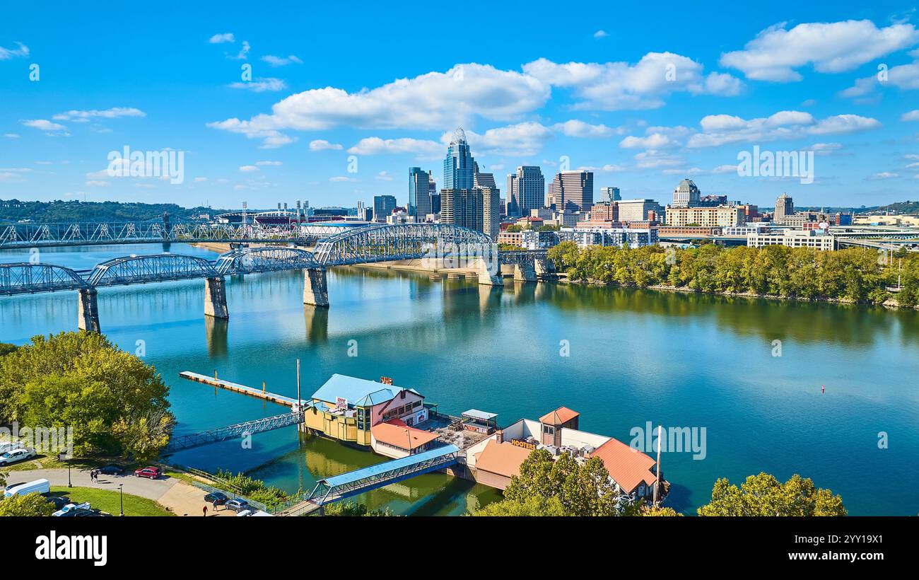 Aerial of Cincinnati Skyline and Roebling Bridge Over Ohio River Stock ...