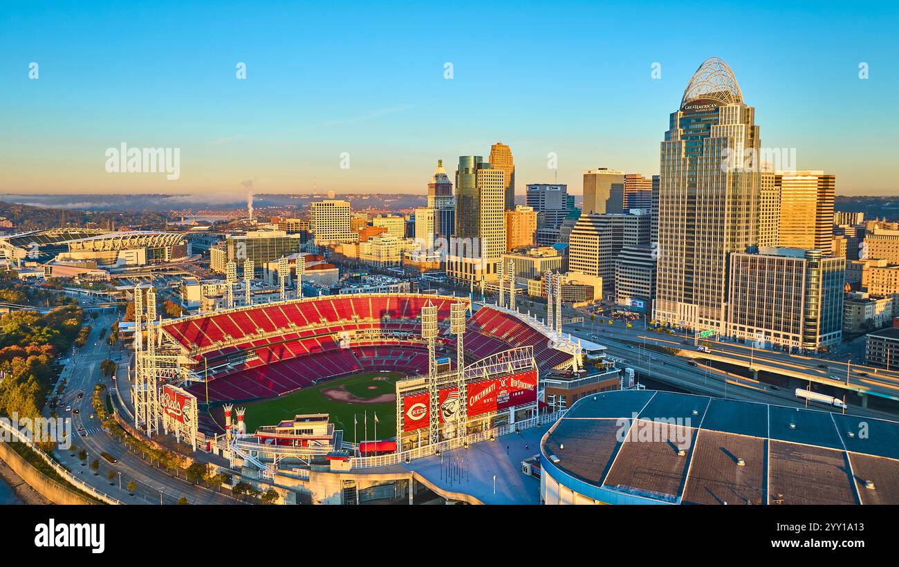 Aerial of Cincinnati Skyline and Great American Ball Park at Golden ...
