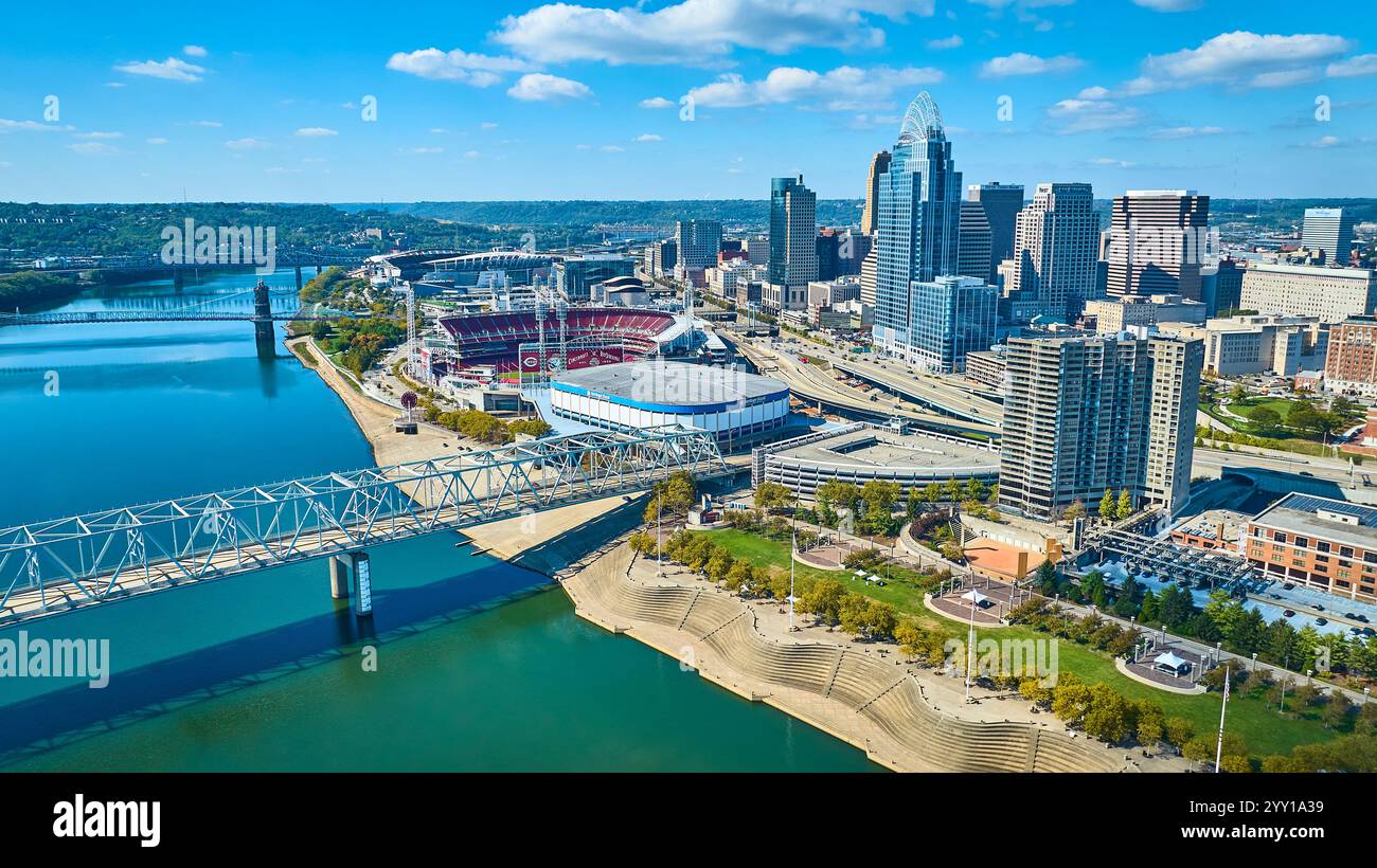 Aerial Cincinnati Skyline with Riverfront and Stadiums Midday View ...