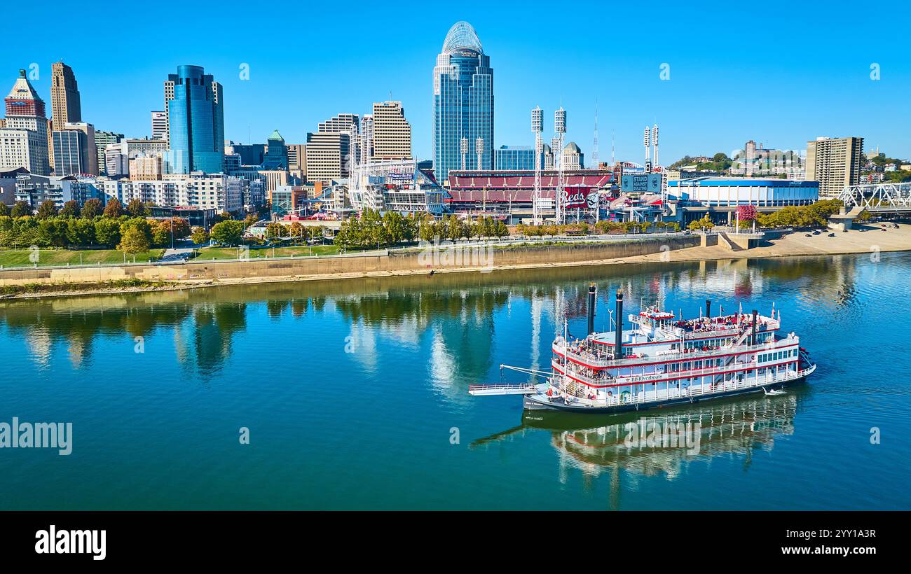 Aerial of Cincinnati Skyline with Riverboat on Ohio River Stock Photo ...