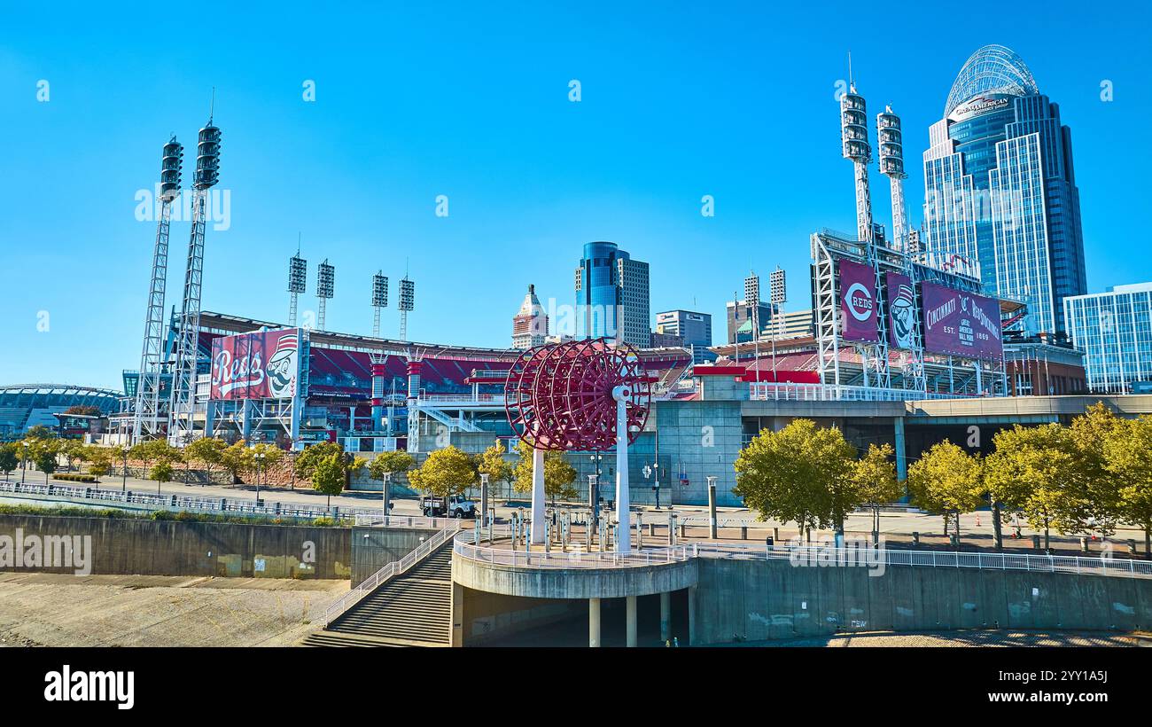 Aerial of Cincinnati Reds Stadium with City Skyline Background Stock ...
