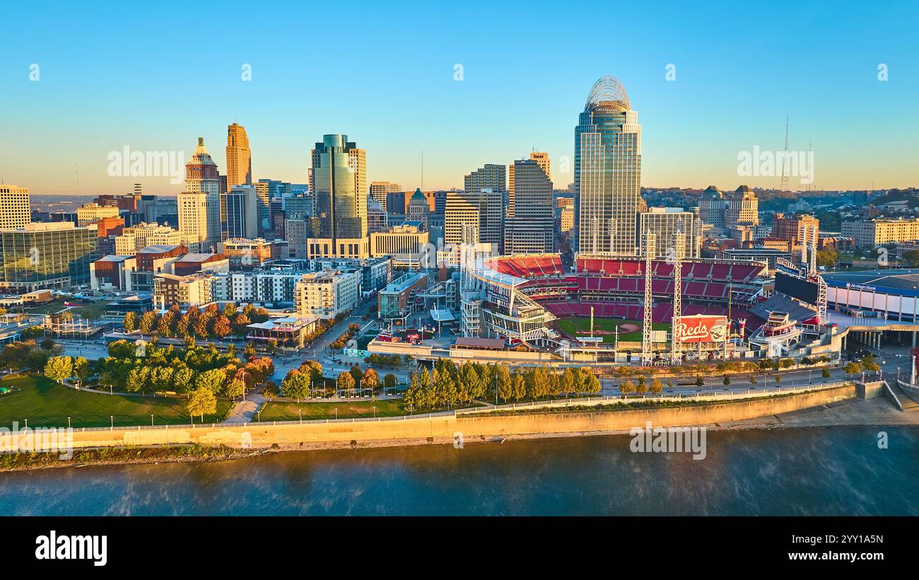 Aerial of Cincinnati Skyline with Ohio River at Golden Hour Stock Photo ...
