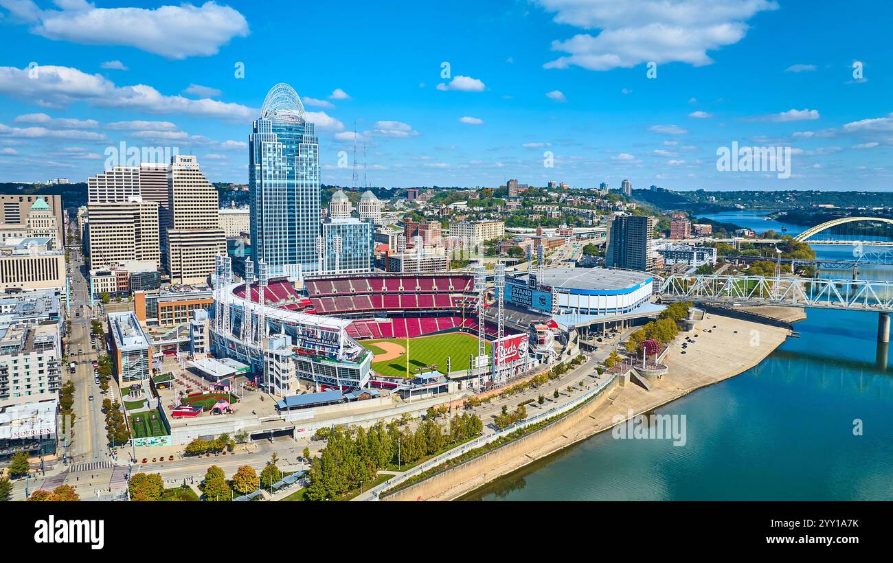 Aerial of Cincinnati Skyline with Great American Ball Park and Ohio ...