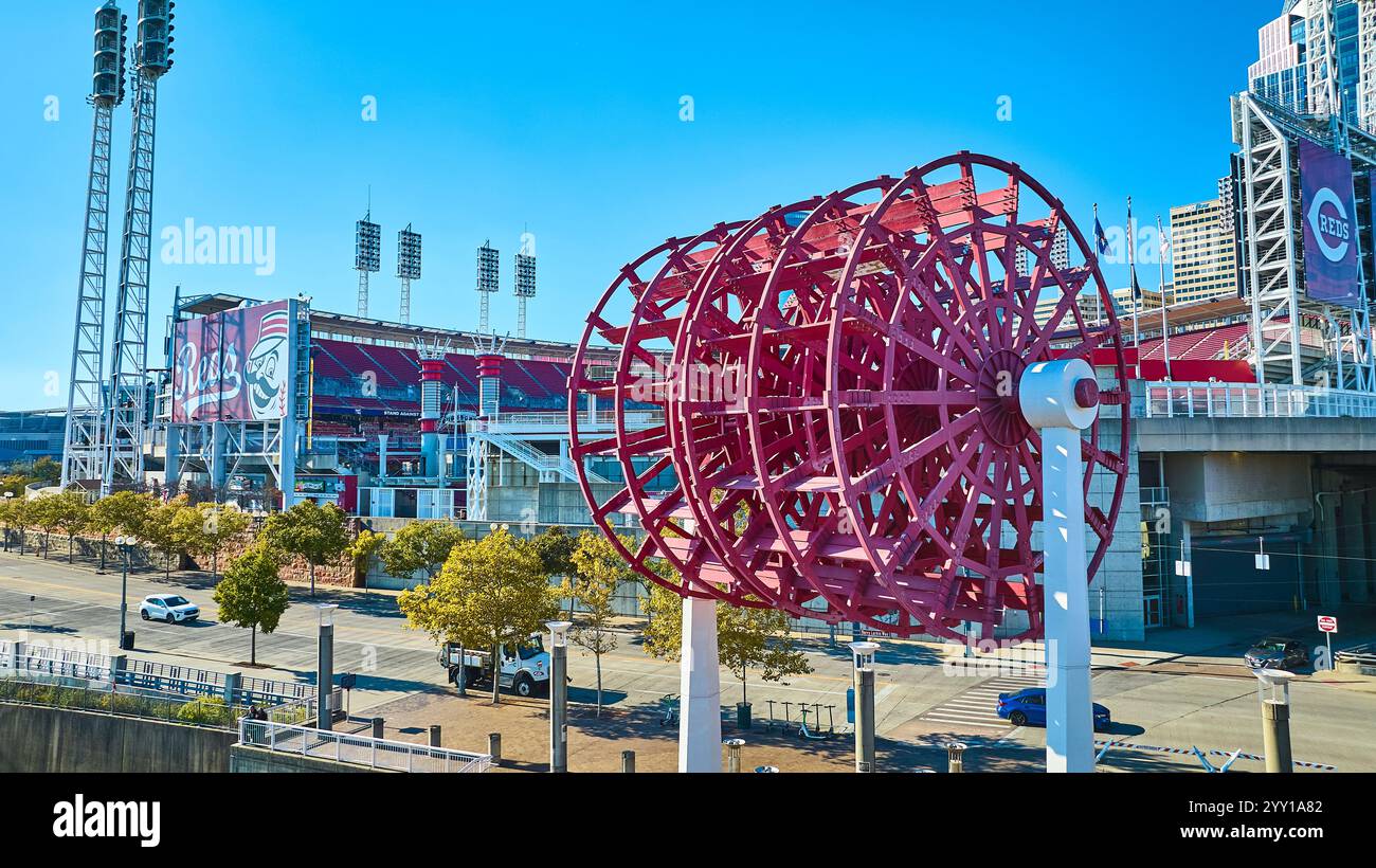 Aerial of Cincinnati Reds Stadium and Paddle Wheel Sculpture Stock ...