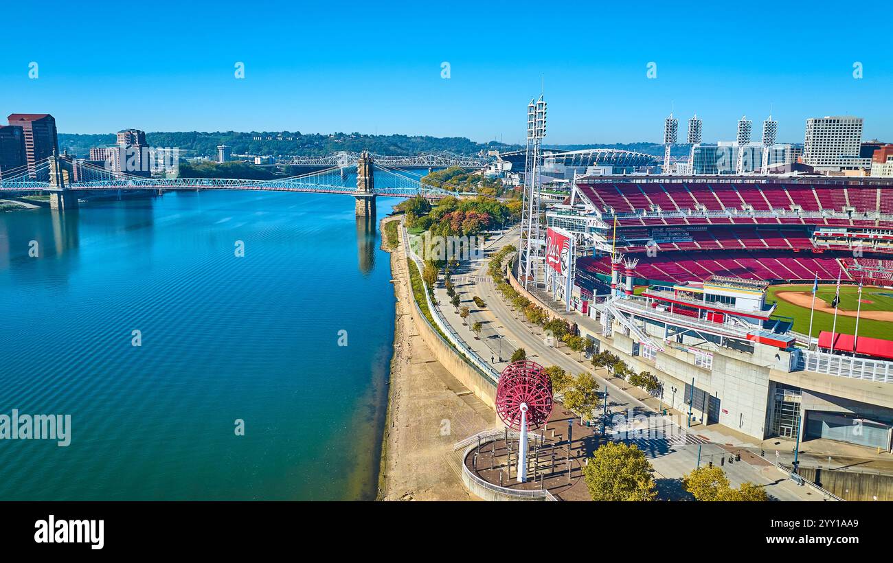 Aerial of Cincinnati Skyline with Roebling Bridge and Ballpark Stock ...