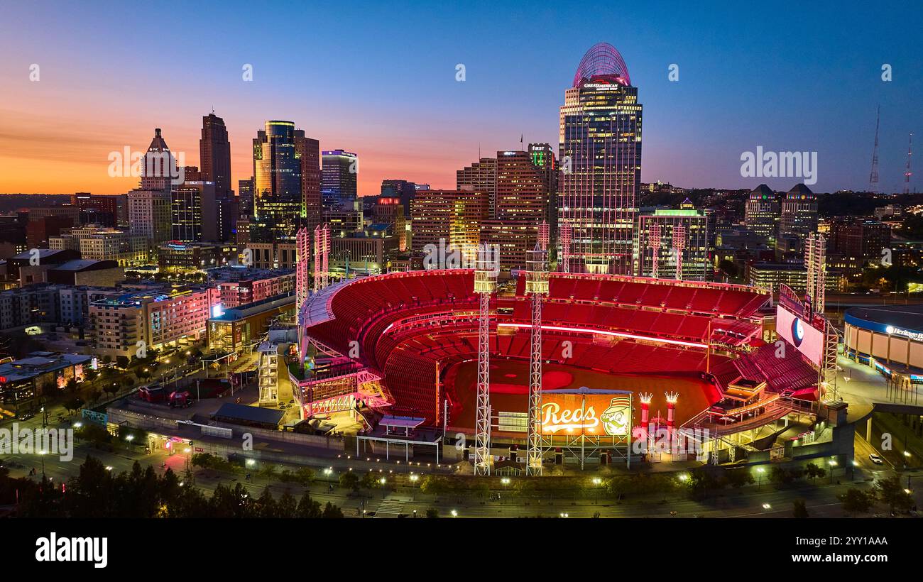 Aerial Cincinnati Skyline at Golden Hour with Great American Ball Park ...