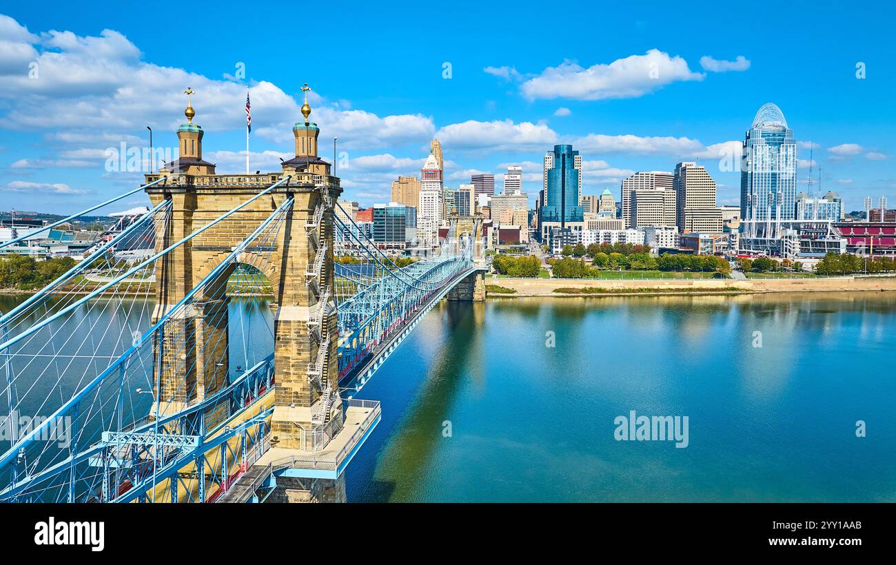 Aerial of Roebling Bridge and Cincinnati Skyline Over Ohio River Stock ...