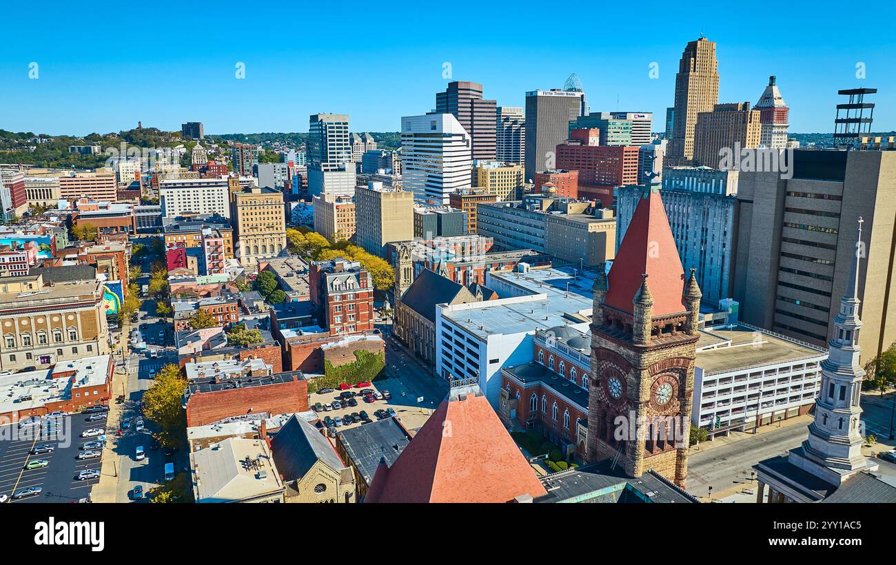 Aerial of Downtown Cincinnati Skyline with Historic Clock Tower Stock ...