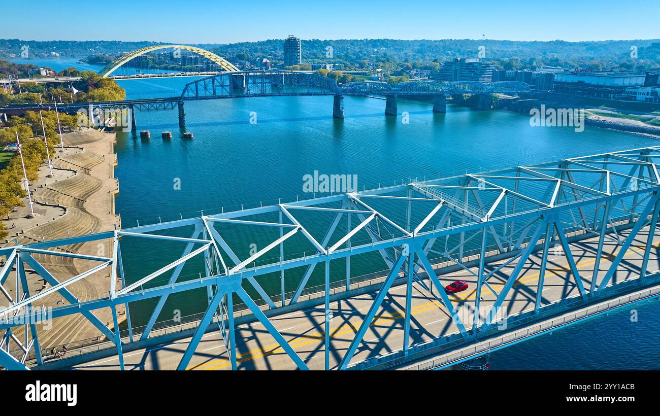 Aerial of Cincinnati Bridges and Ohio River with Cityscape Backdrop ...
