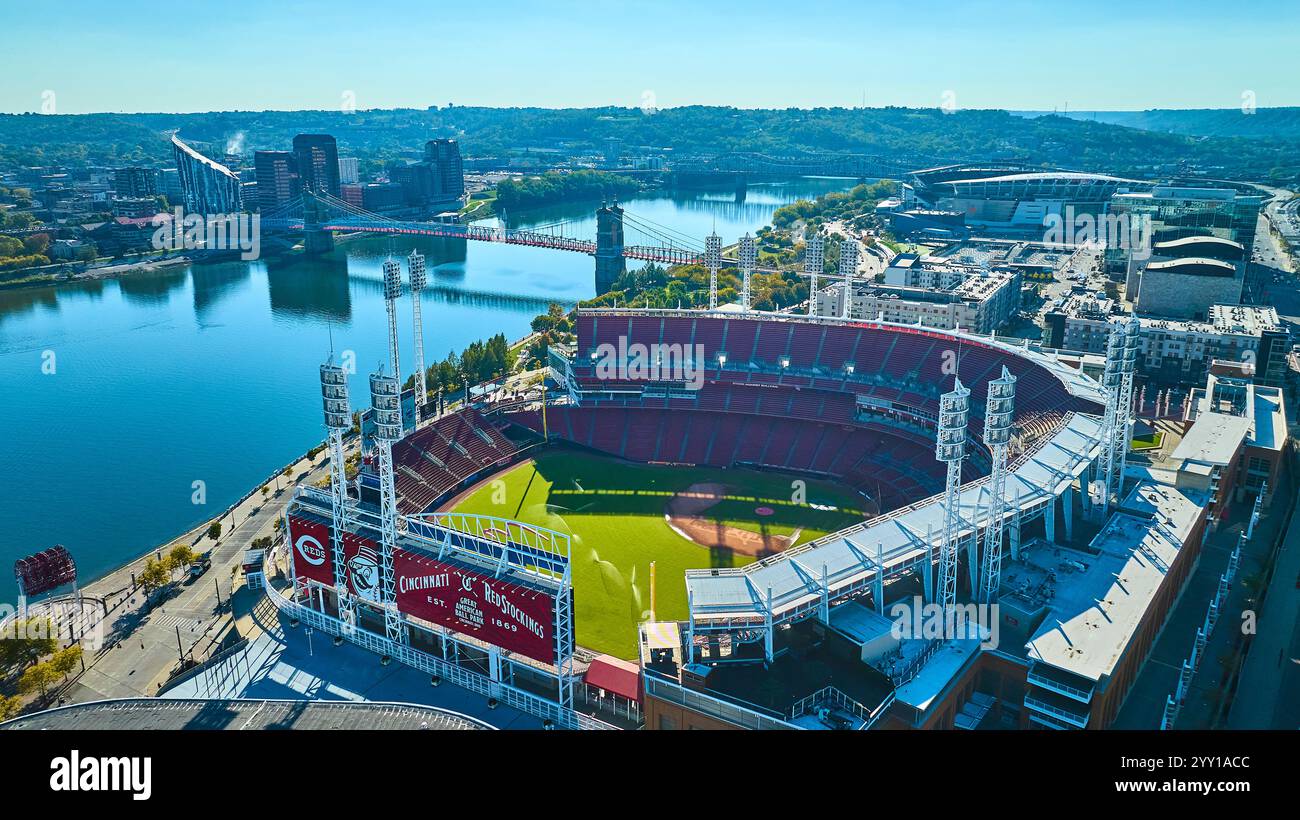 Aerial Great American Ball Park with Cincinnati Skyline and Ohio River ...