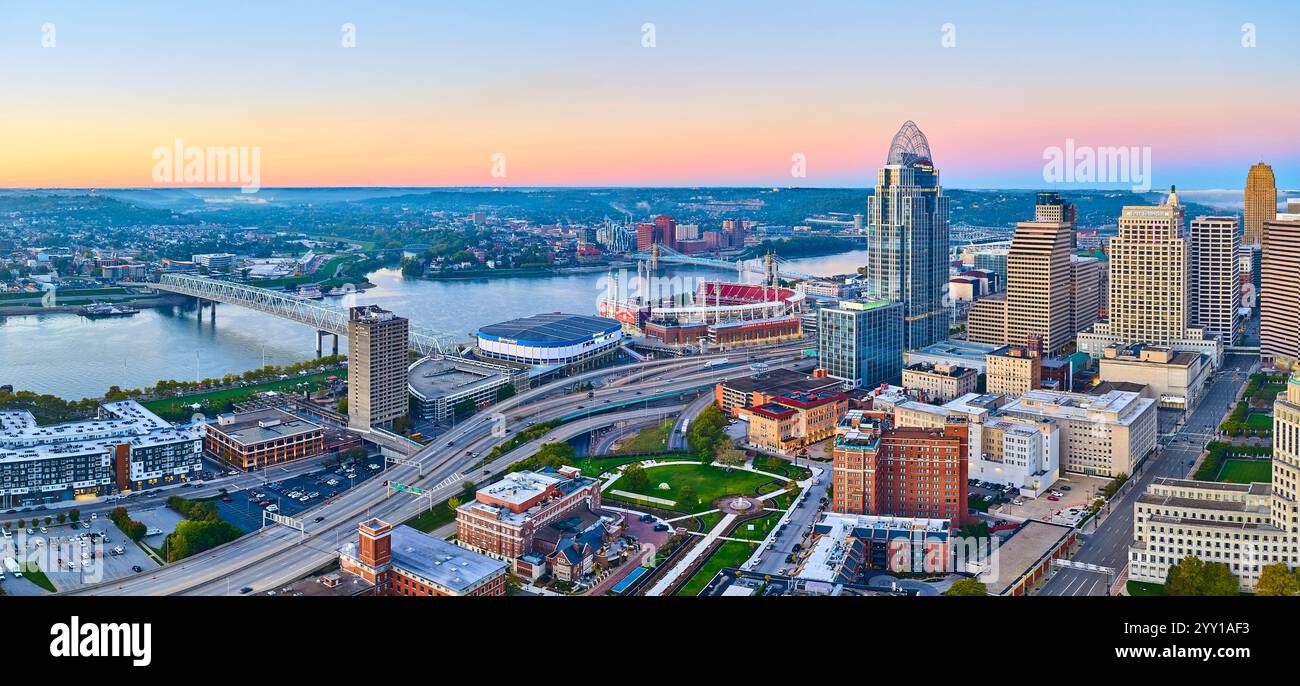 Aerial Sunrise over Cincinnati Skyline with Ohio River and Sports ...