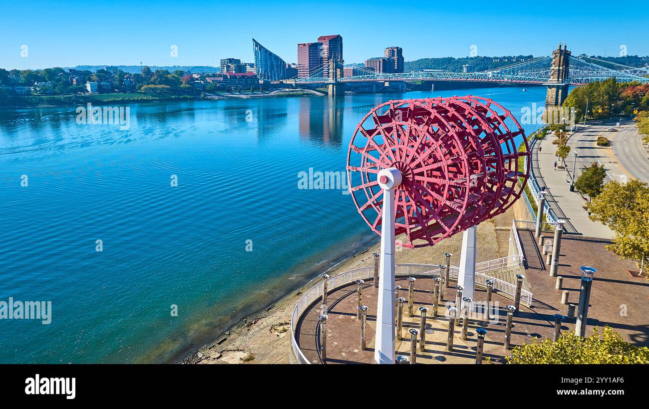 Aerial of Red paddle wheel Sculpture and Cincinnati Skyline Stock Photo ...