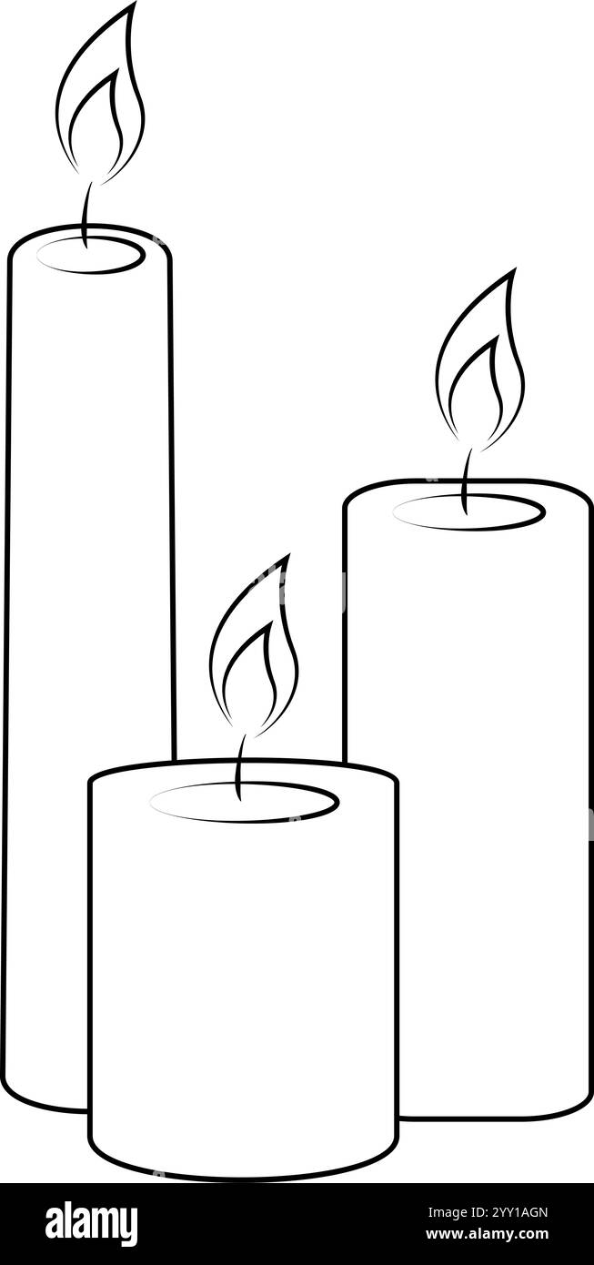 Composition of three burning candles. Black color illustration in ...