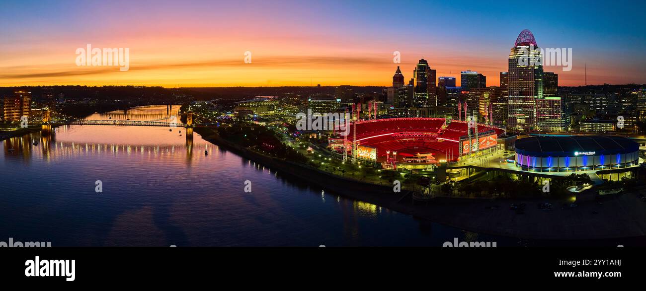 Aerial Panorama of Cincinnati Skyline and Stadium at Dusk with River ...