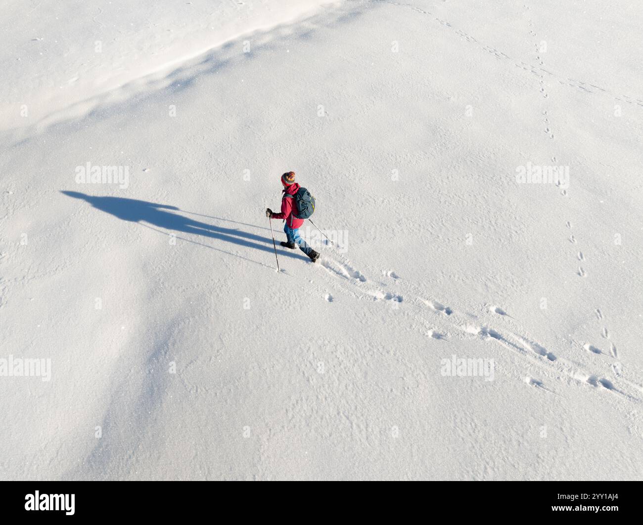 Aerial photo of aactive senior woman hiking with in deep powder snow in ...