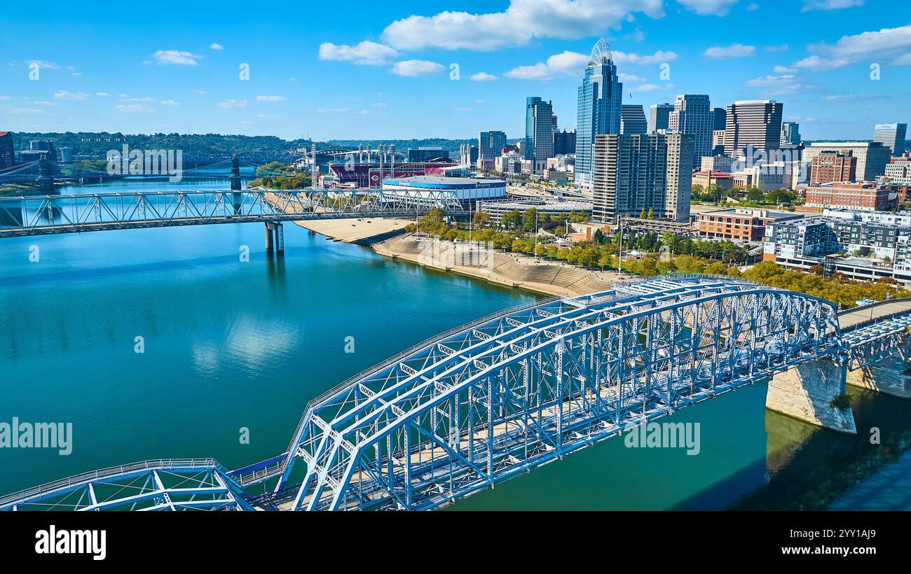 Aerial of Cincinnati Skyline with Ohio River and Steel Bridge Stock ...