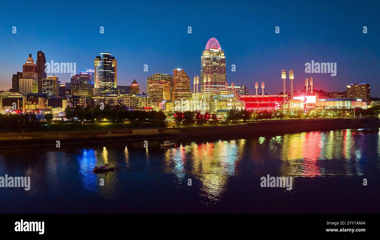 Aerial of Cincinnati Skyline and River Reflections at Blue Hour Stock ...