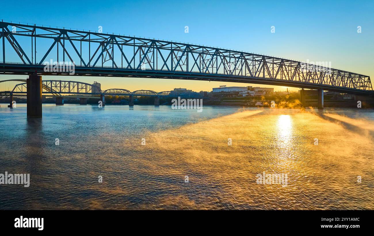 Aerial of Steel Bridge at Sunrise Over Misty Ohio River Stock Photo - Alamy