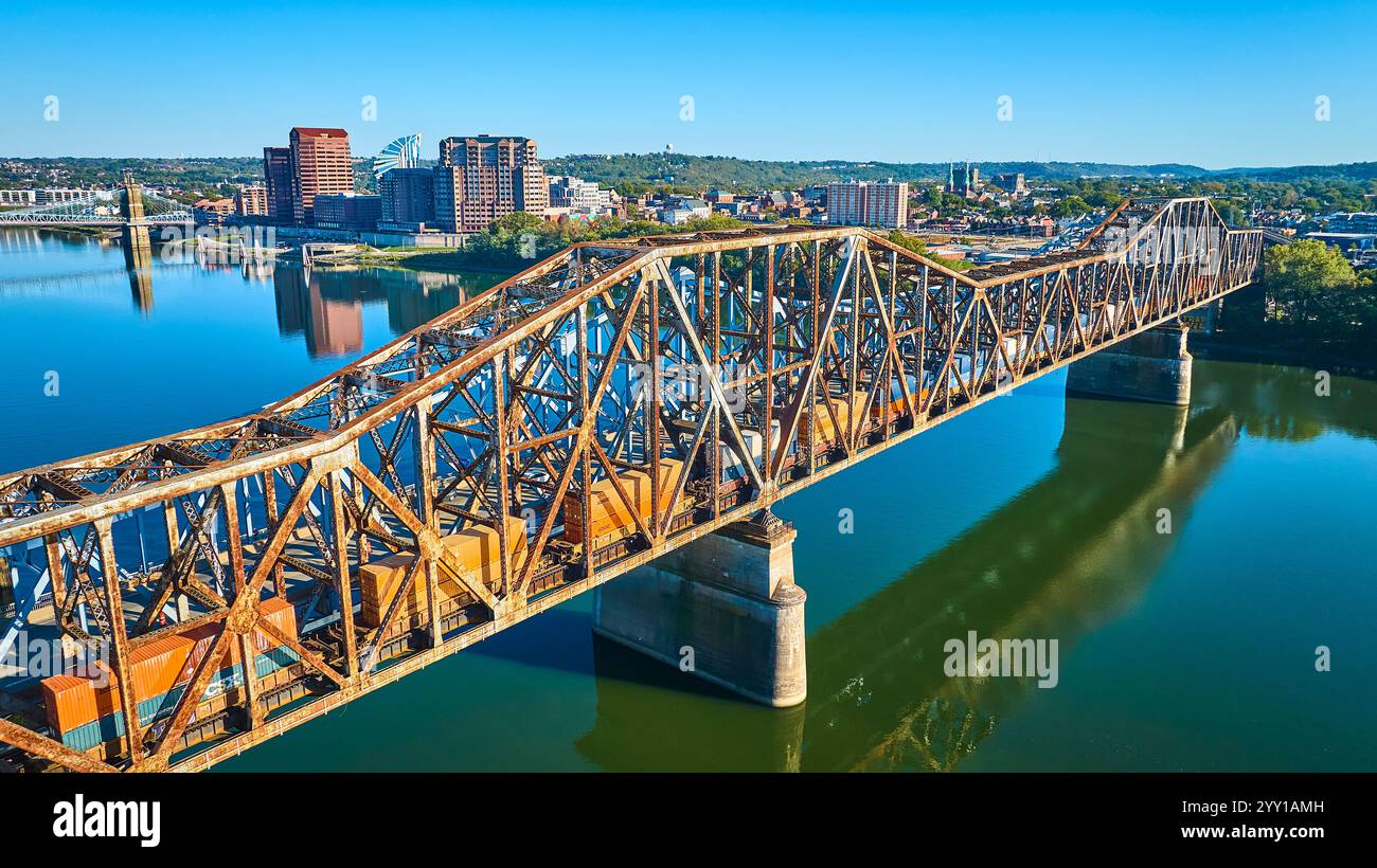 Aerial of Rusted Steel Truss Bridge and Train Over Ohio River at ...