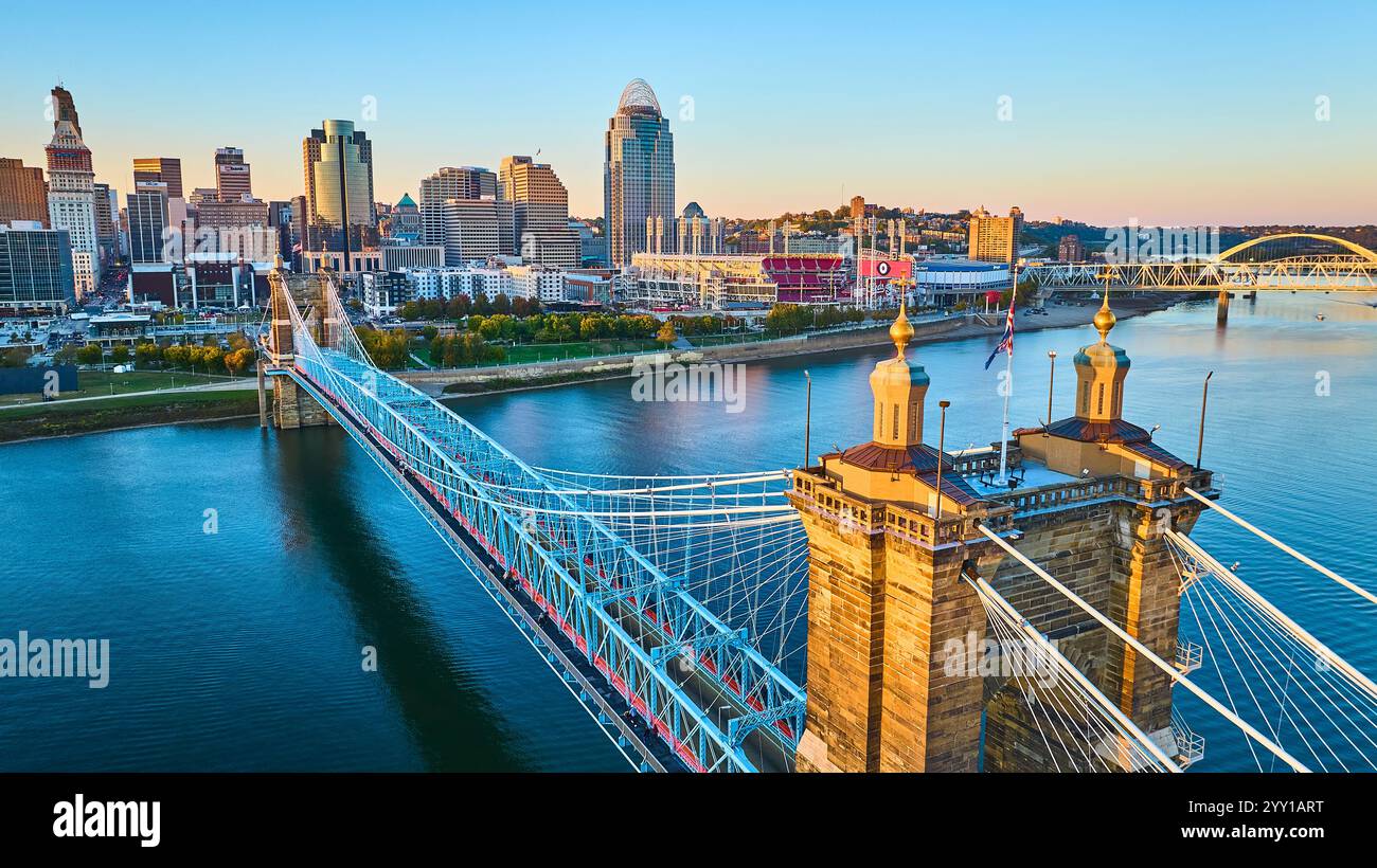 Aerial of Cincinnati Skyline and Roebling Bridge at Golden Hour Stock ...