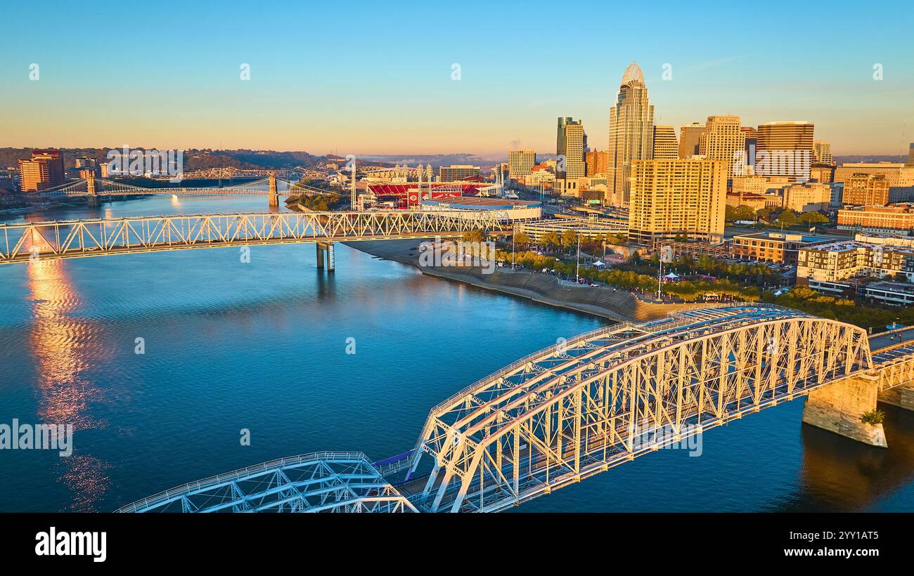 Aerial of Cincinnati Skyline and Ohio River Bridges at Golden Hour ...