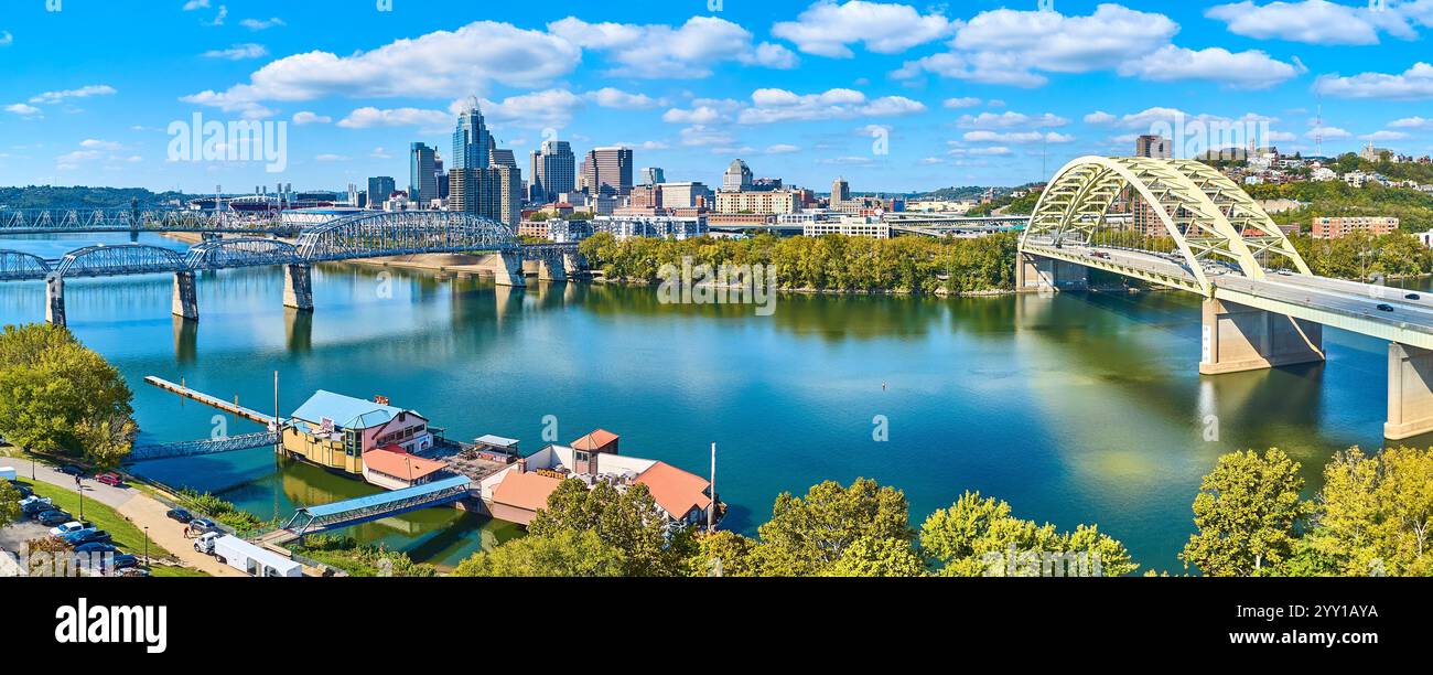 Aerial Panorama of Cincinnati Skyline and Bridges Over Ohio River Stock ...