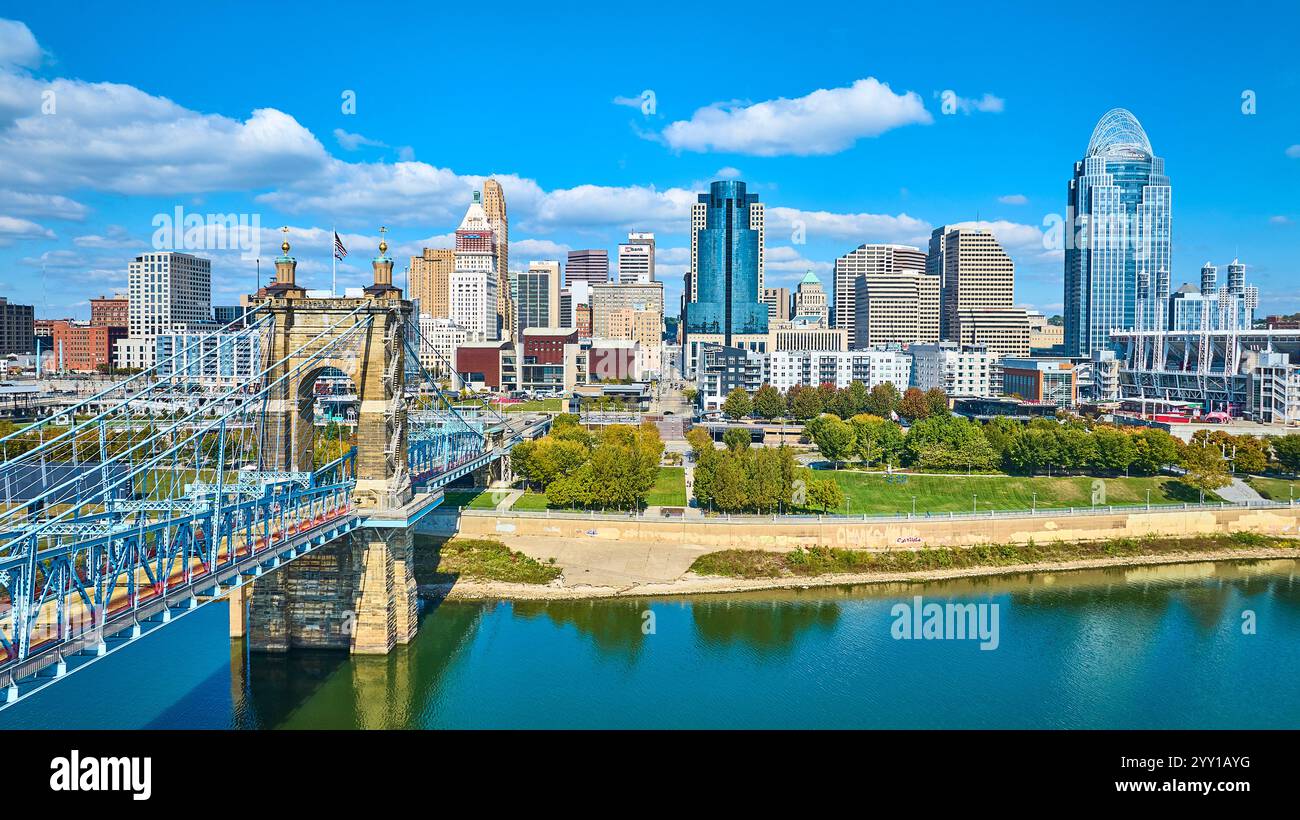 Aerial of Cincinnati Skyline and John A. Roebling Bridge Stock Photo ...