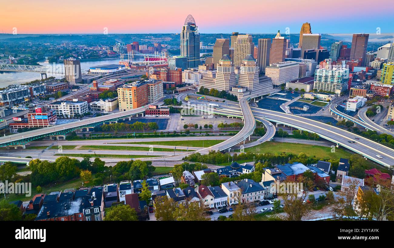 Aerial of Cincinnati Skyline at Golden Hour with River and Highways ...