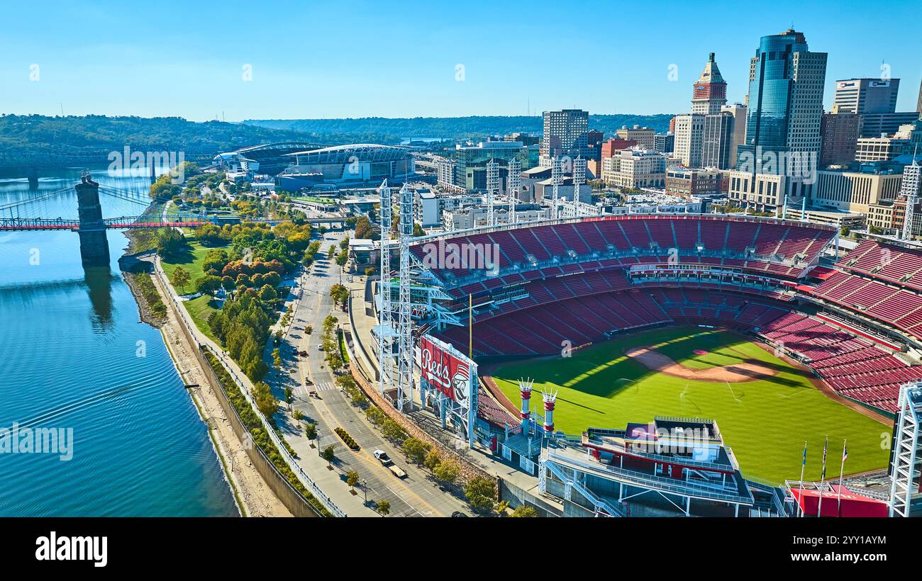 Aerial of Cincinnati Skyline with Great American Ball Park and Ohio ...