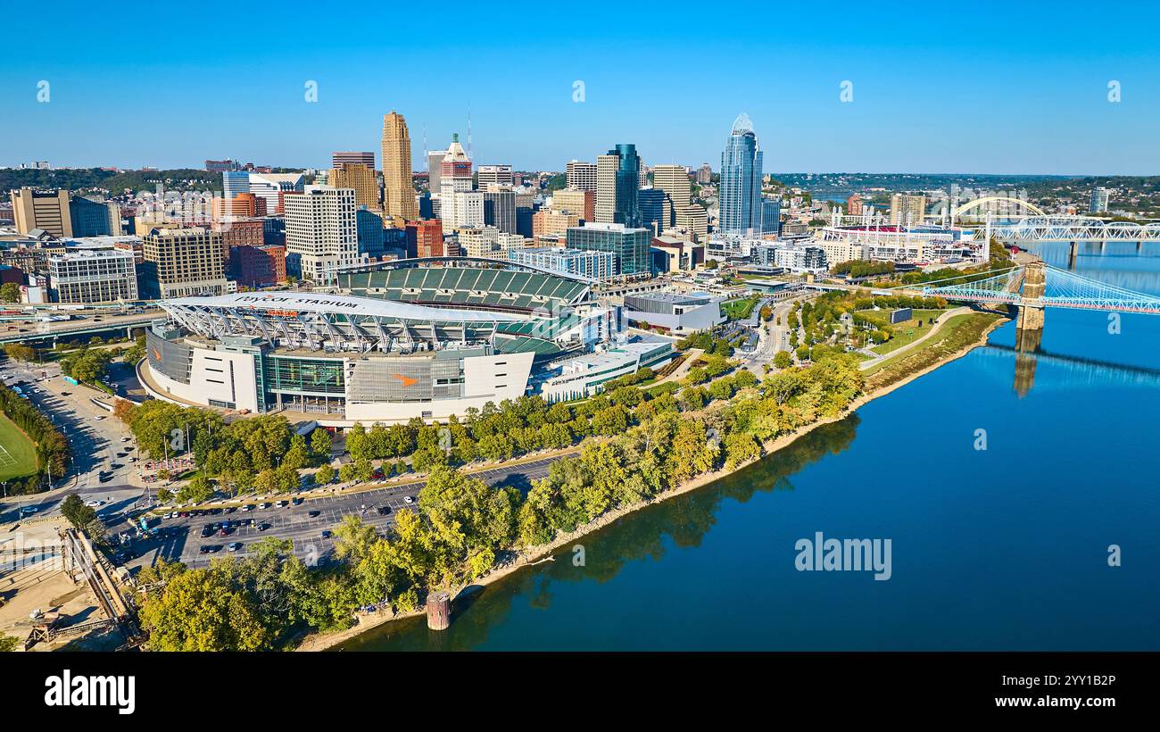 Aerial of Cincinnati Skyline with Stadium and Ohio River at Sunrise ...