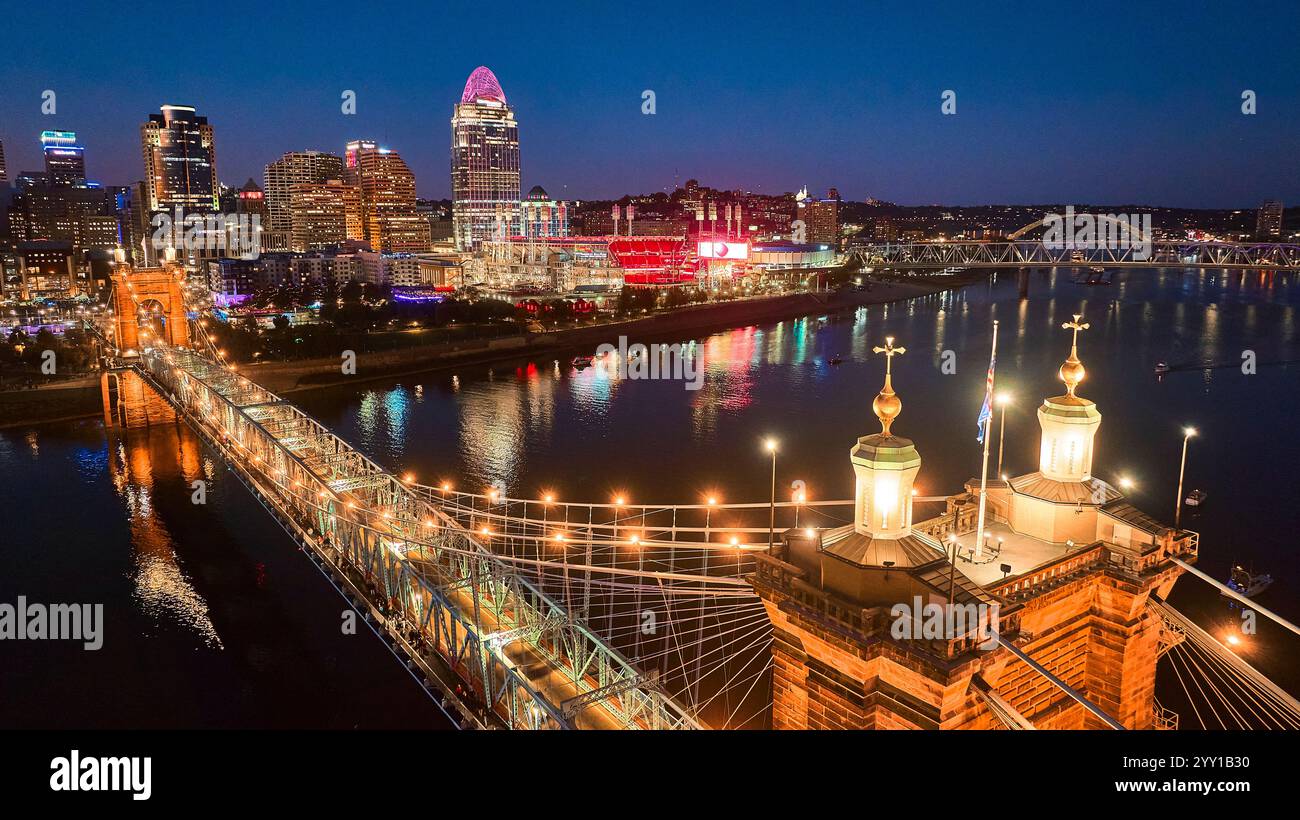 Aerial of Roebling Bridge and Cincinnati Skyline at Blue Hour Stock ...
