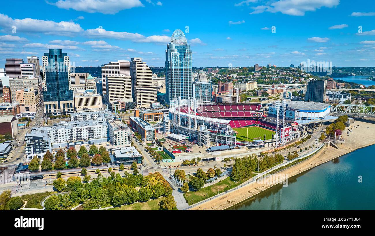 Aerial of Cincinnati Skyline and Great American Ball Park Stock Photo ...
