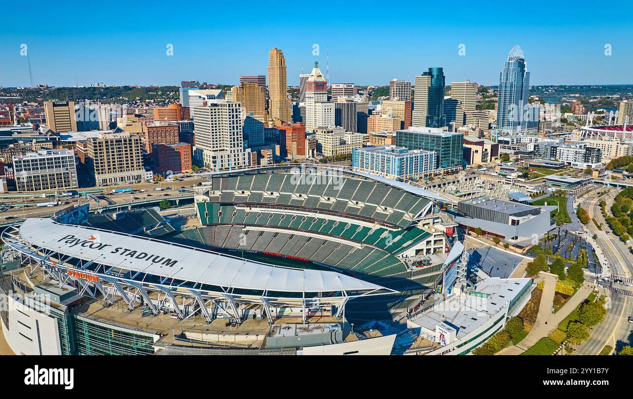 Aerial of Cincinnati Skyline and Stadium with Riverfront Perspective ...