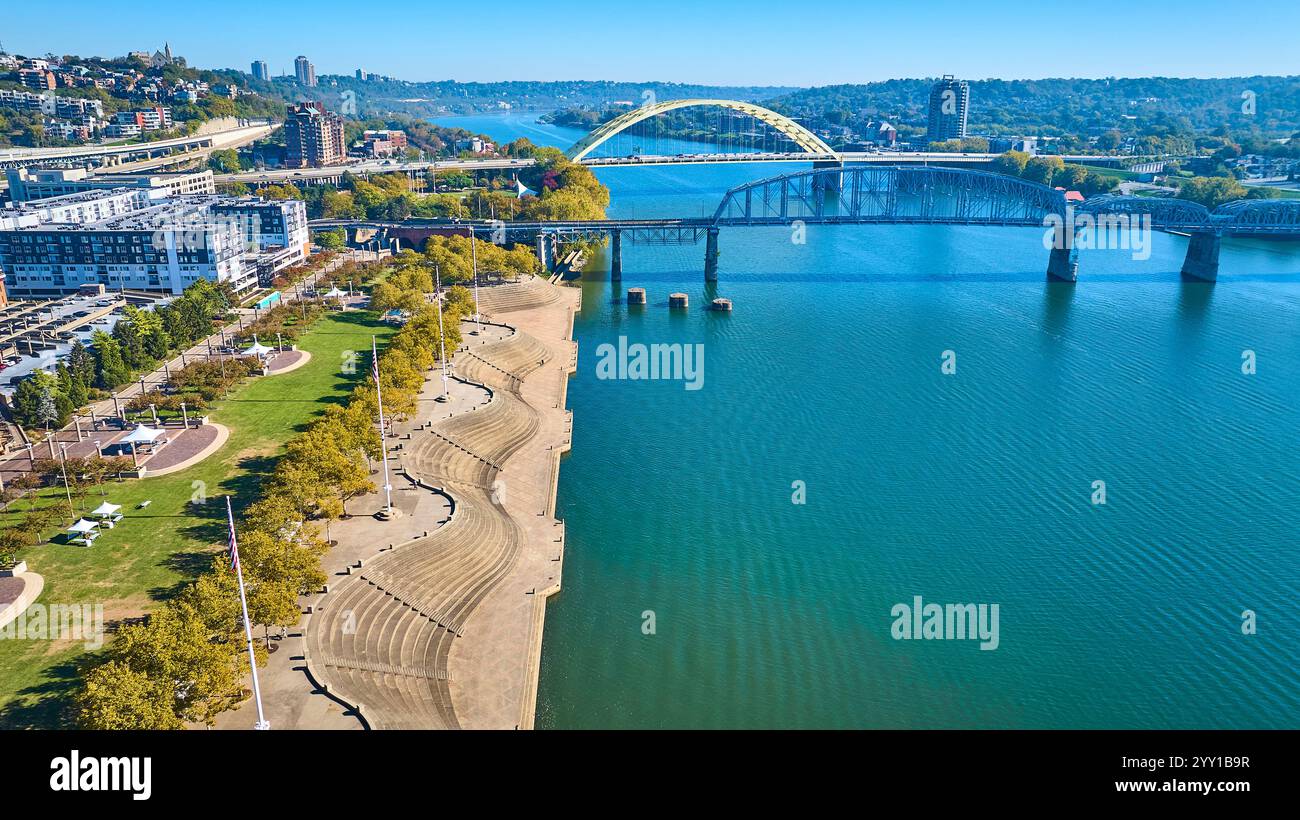 Aerial of Cincinnati Bridges Over Ohio River and Riverside Park Stock ...