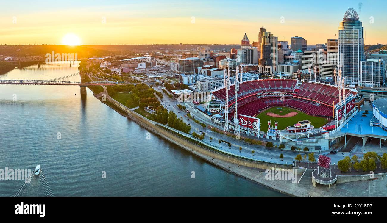 Aerial Panorama Cincinnati Skyline Great American Ball Park at Sunset ...