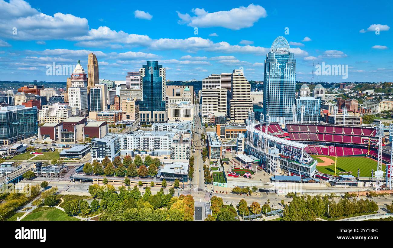 Aerial of Downtown Cincinnati Skyline and Great American Ball Park ...