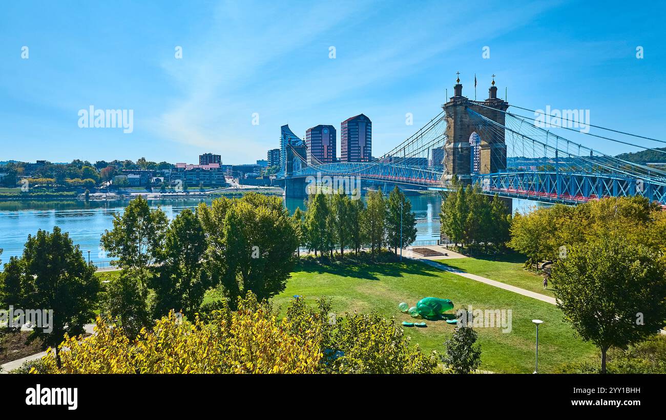 Aerial of Roebling Bridge and Covington Skyline Over Ohio River Stock ...