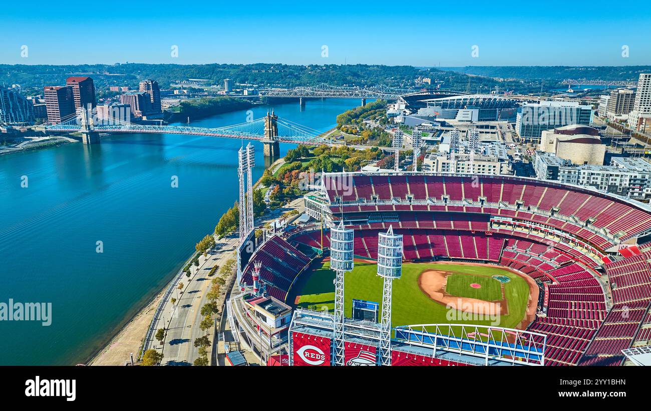 Aerial of Great American Ball Park and Roebling Bridge in Cincinnati ...