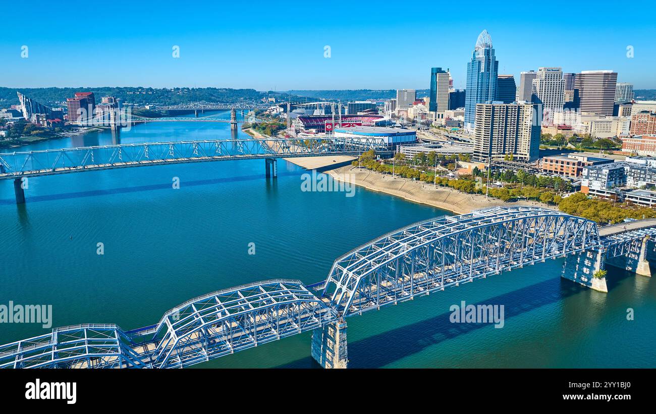 Aerial of Cincinnati Skyline and Roebling Bridge Over Ohio River Stock ...