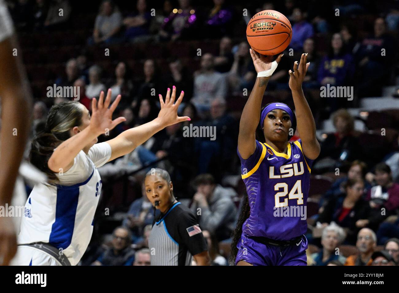 LSU guard Aneesah Morrow (24) shoots over Seton Hall forward Faith Masonius in the first half of ...