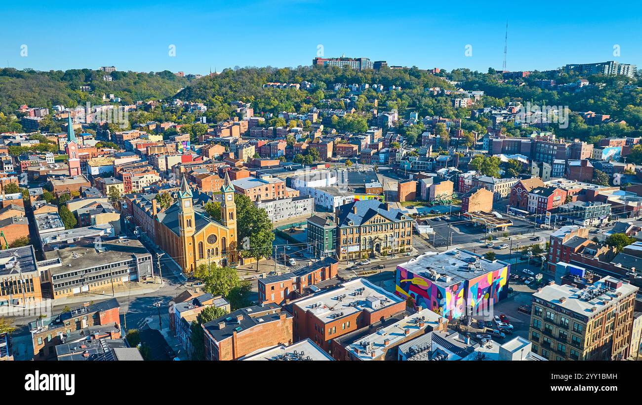 Aerial Vibrant Cincinnati Church and Mural with Lush Hillside Stock ...