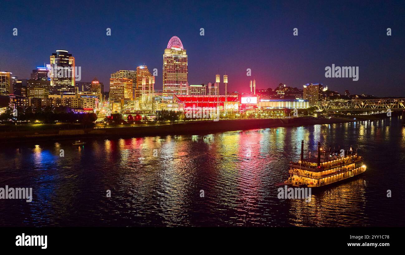 Aerial Cincinnati Night Skyline with Riverboat and Ballpark Stock Photo ...