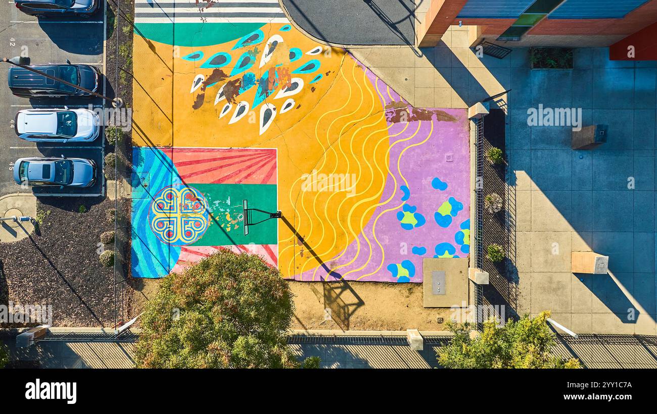 Aerial Top Down Colorful Urban Basketball Court Mural in Downtown ...