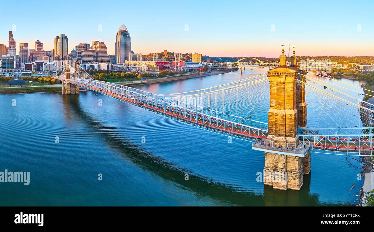 Aerial Panorama of John A. Roebling Bridge and Cincinnati Skyline at ...