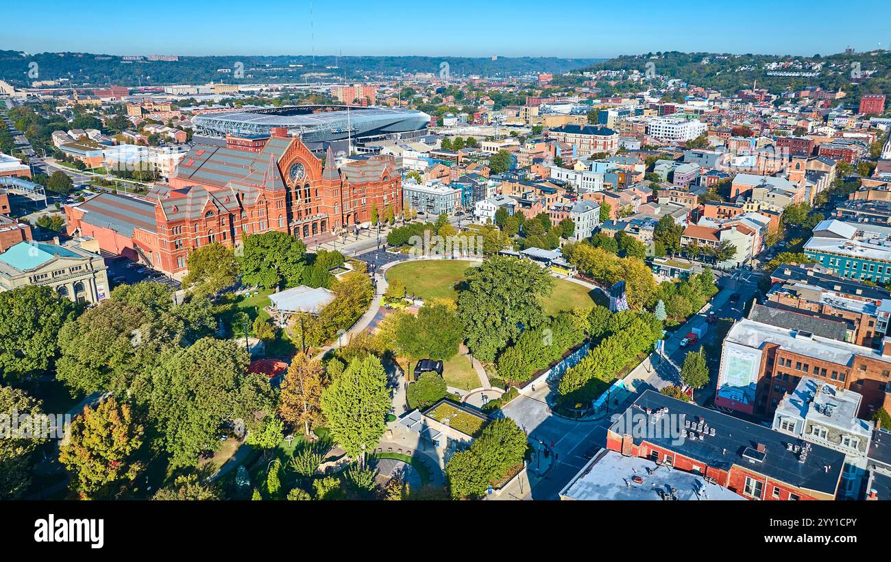 Aerial of Cincinnati Music Hall and Washington Park in Urban Setting ...