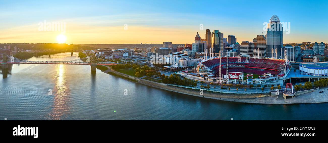 Aerial Panorama Cincinnati Skyline Sunset with Ohio River and Bridge ...
