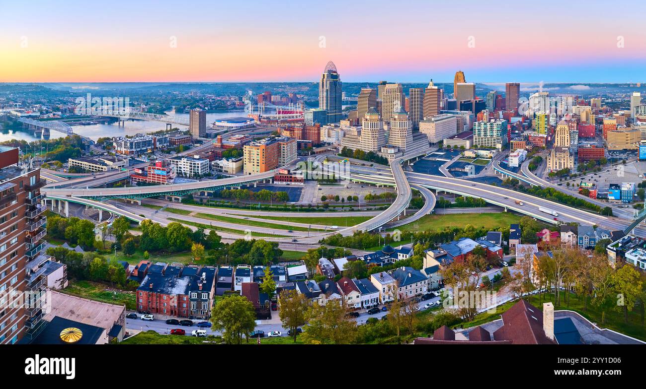 Aerial of Cincinnati Skyline and Spaghetti Highway at Sunset Stock ...