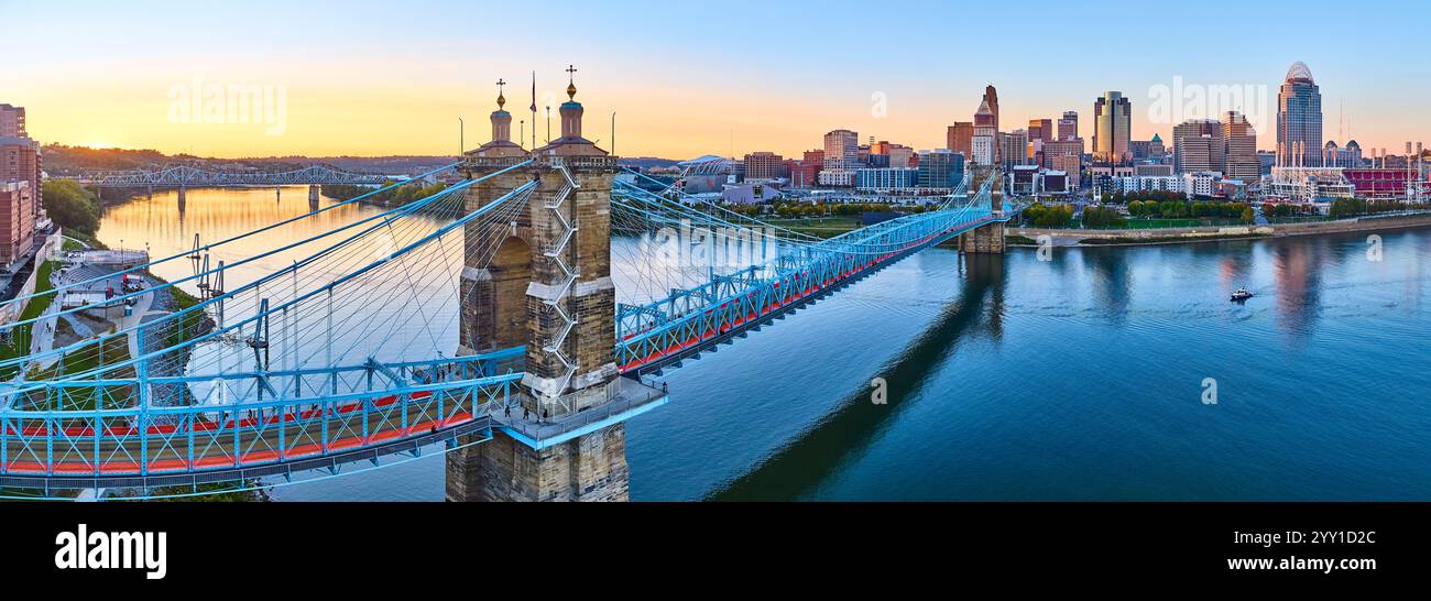 Aerial Panorama of Roebling Bridge and Cincinnati Skyline at Sunrise ...