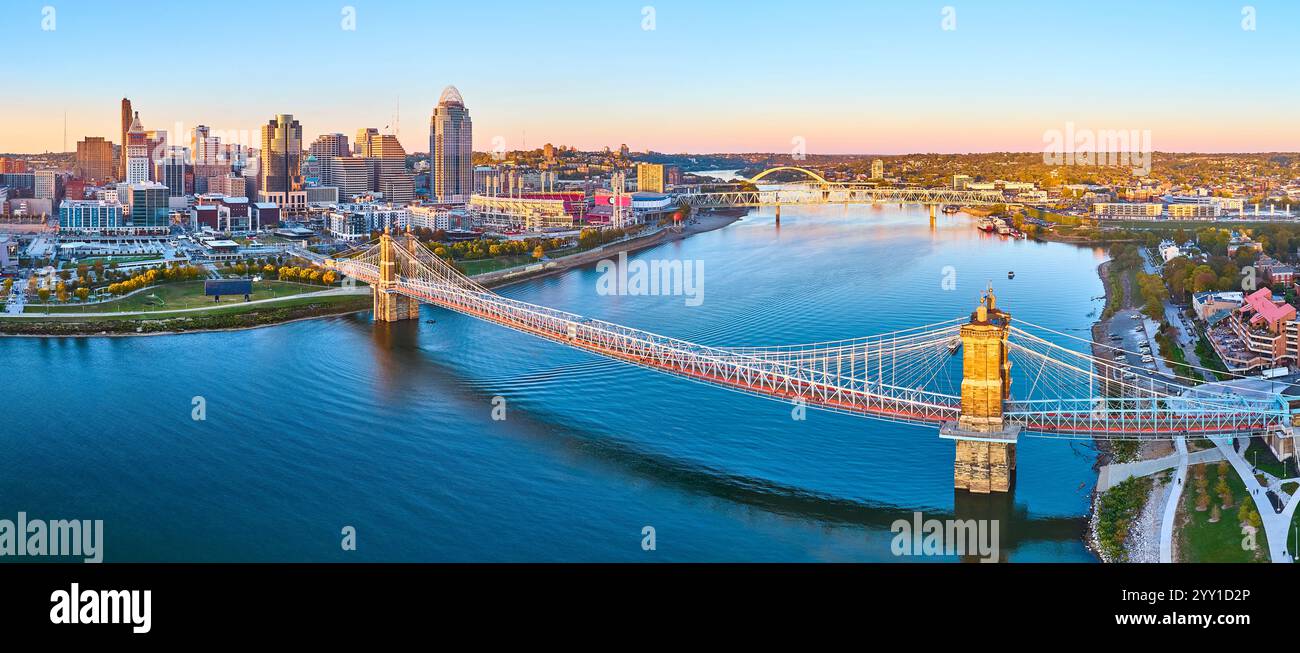 Aerial Panorama of Cincinnati Skyline and Roebling Bridge at Golden ...