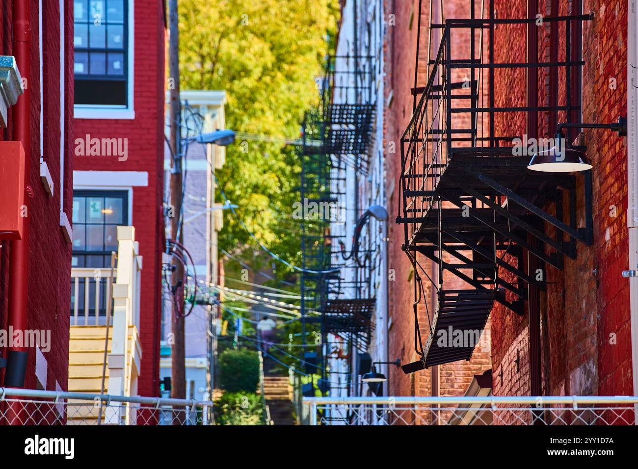 Urban Fire Escapes and Brickwork in Cincinnati Alley Eye-Level View ...